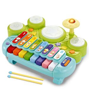 fisca 3 in 1 musical instruments toys, electronic piano keyboard xylophone drum set - learning toys with lights for baby & toddler 1 2 3 year old boys and girls