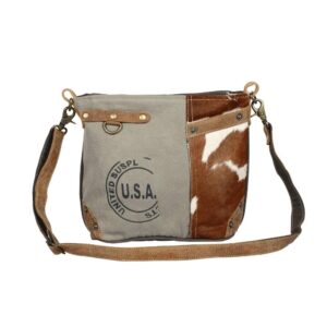 usa stamp upcycled canvas and hair-on cowhide leather crossbody bag