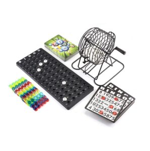 kovot complete bingo set | includes metal cage, (75) numbered balls, master board, (50) bingo cards, (400) color chips + bonus travel calling cards