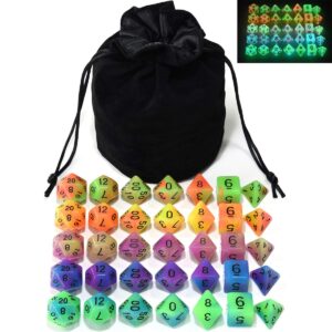 double color glow in the dark dice set 35 pieces polyhedral dice for rpg dnd mtg games include black velvet pouch