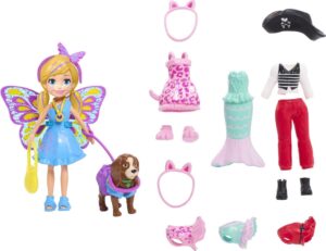 polly pocket doll & accessories, masque ‘n match costume pack with 3-inch small doll, pet, 4 costumes for doll & for pet