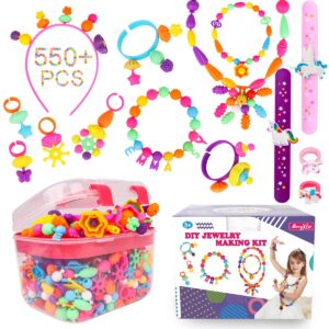 pop beads - 550+pcs diy jewelry making kit for toddlers 3,4,5,6,7,8 year old, kids snap beads set art and crafts creativity toys for girls birthday gifts