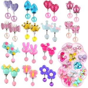 hifot 14 pairs clip on earrings girls, no pierced design earrings dress up pretend princess play jewelry accessories for kids