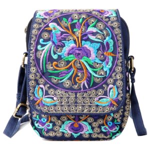 embroidered small canvas crossbody bag cell phone bag for women handmade mini shoulder bag wallet bag pouch(blue)