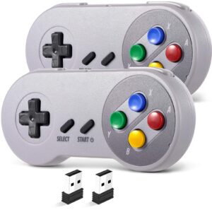 saffun 2 pack 2.4 ghz wireless usb controller compatible with snes games, snes retro usb pc super classic controller for windows pc mac linux genesis raspberry pi retropie (multicolored keys)