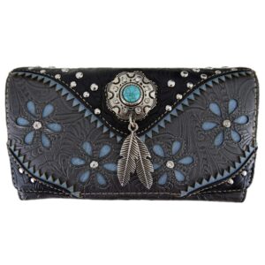 western feather tooled leather floral laser cut flower purse studs single shoulder bag clutch women trifold wristlets wallet (beige)