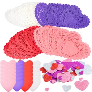 joyin 126+ pcs valentines day craft gift set with 100 heart doilies, 24 pcs foam hearts & 2 bags of foam heart stickers for kids, tableware decoration, home activitie, kitchen disposable table doilies