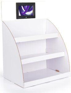 displays2go countertop cardboard shelving with 7" digital display – white (tbsh3wtdg)