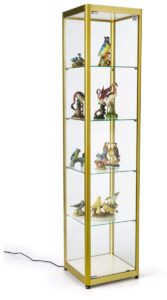 displays2go tempered glass curio cabinet, adjustable shelves – gold (dckdmt16g)