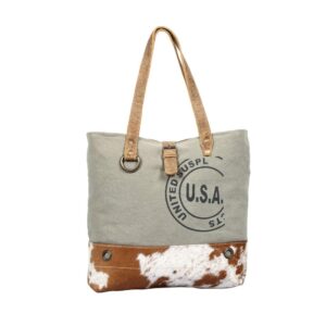 usa stamp upcycled canvas and hair-on leather tote bag