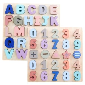 gemem wooden puzzles for toddlers, large blocks alphabet abc 123 letter and number wood montessori learning board educational toys for boys girls set of 2