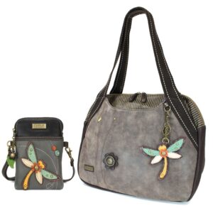 chala handbag bowling handbag with dragonfly charm and matching dragonfly cellphone purse in dark grey…