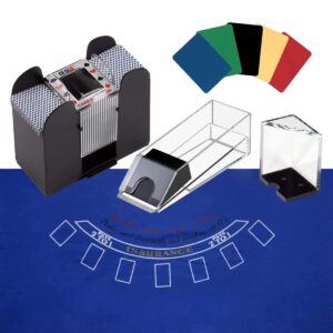 blackjack game combo set with blackjack layout felt, 6-deck automatic card shuffler, 6-deck dealer shoe and discard holder tray, 5 cut cards. - great for family, casino game night