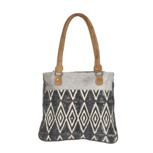 diamond pattern print upcycled canvas and hair-on leather handbag