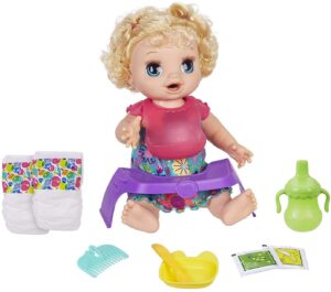 baby alive happy hungry baby blond curly hair doll, makes 50+ sounds & phrases, eats & poops, drinks & wets, for kids age 3 & up, brown/a (e4894)