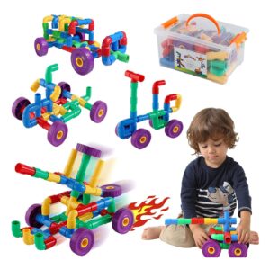 zozoplay stem learning toy tubular pipes & spouts & joints 64 piece build bicycle, tank, scootie, moter skills endless designs educational building blocks set for kid ages 3+ multicolor