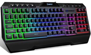 npet k31 gaming keyboard, wired led backlit computer keyboard with 10 dedicated multimedia keys, usb ergonomic wrist rest mechanical feeling keyboard for windows/desktop/computer/pc