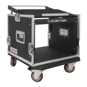 sound town enhanced thickness 1/2” (12mm) plywood 8u audio rack/road ata case with 11u slant mixer top, 20’’ rackable depth, casters, 8 space size, pro tour grade (stmr-8uw)