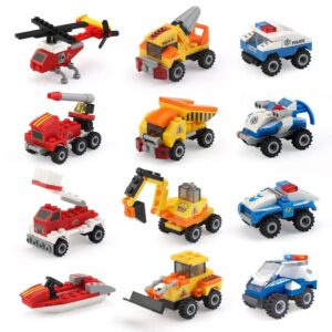 mini building blocks cars toys sets 12 packs assembly mini cars toys for boys, girls stem building car assorted construction truck fire trucks police cars party favor goodie bags for kids.