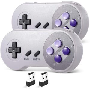 2 pack 2.4 ghz wireless usb controller compatible with super nes games, saffun snes retro usb pc super classic controller for windows pc mac linux genesis raspberry pi retropie (purple / gray)