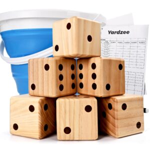 ropoda 3.5" giant wooden yard dice set for outdoor fun, barbeque, party events, backyard games, lawn games includes 6 dice, collapsible bucket, score cards & dry erase marker