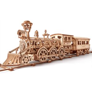 wood trick wooden toy train set with railway - 34x7″ - locomotive train toy mechanical model kit - 3d wooden puzzles for adults and kids to build - engineering diy wooden models for adults to build