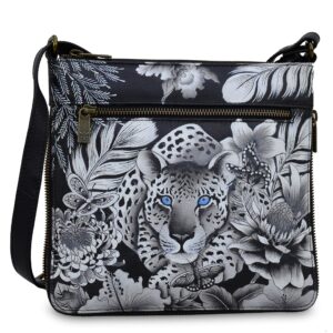 anuschka women’s hand-painted genuine leather expandable travel crossbody - cleopatra's leopard