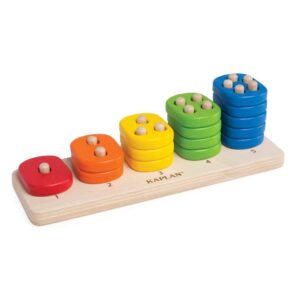 kaplan early learning toddler stacking number board - 16 colorful pieces and wooden base for practicing color recognition and early math skills