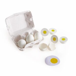 hape egg carton | 3 hard-boiled eggs with easy-peel shell & 3 fried, wooden realistic educational toy for children 3+, white and yellow (e3156)