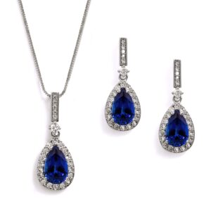 mariell bridal wedding necklace and earring set, sapphire blue cz pendant and drop earrings for brides