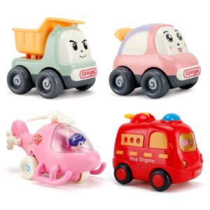 nashrio push forward and wind up cars toys for baby and toddlers, 4 pack kids early educational vehicles - boys and girls birthday party favors gift (random colors)