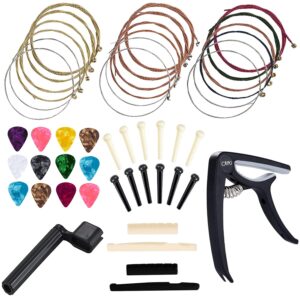 anvin acoustic guitar accessories kit guitar strings replacement changing tool including guitar acoustic strings, picks, capo, string winder, bridge pins, picks for guitar players beginners (48 pcs)