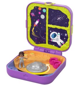 polly pocket hidden hideouts moon rockin’ adventure compact: 3 hidden hideouts, 2 hidden reveals, 3 accessories, 1 micro shani doll & sticker sheet