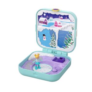 polly pocket hidden hideouts frosty fairytale compact: 3 hidden hideouts, 3 hidden reveals, 3 accessories, 1 micro polly doll & sticker sheet