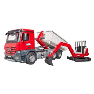 bruder 03624 mb arocs truck with roll-off- container and schaeff mini excavator