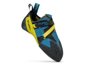 scarpa furia air rock climbing shoes for sport climbing and bouldering - specialized performance for sensitivity and breathability - baltic blue/yellow - 8-8.5