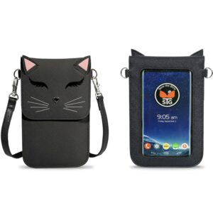 save the girls cell phone purse charming cat design (black) - touch screen women’s crossbody handbags (just for fun) - phone bag & crossbody phone strap (cat purse)