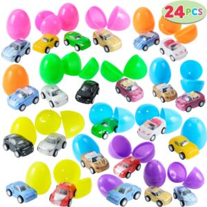 joyin premium 24 pcs filled easter eggs with toy cars, 2.25” bright colorful egg prefilled with pull back vehicles for boys kids easter eggs hunt, easter basket stuffers, party favors, classroom prize