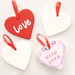 baker ross ev5425 hanging ceramic heart ornaments - pack of 5, for kids to paint, decorate and display. great for at home art crafts