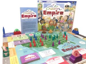 ice cream empire board game | fun entrepreneurial game for families, adults and kids 7+ | learn business, geography, and math skills | competitive, strategic, and educational game