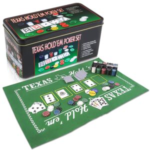 gamie texas holdem poker game set - includes hold’em mat, 2 card decks, chips, chip holder and tin storage box - fun game night supplies - cool casino gift for kids & adults