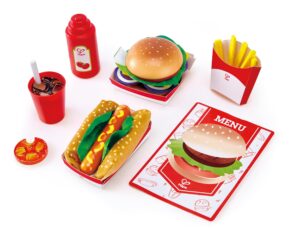 hape fast food set |wooden diner fast food toy set, classic american meal for pretend play includes burger, french fries, hotdogs & cola