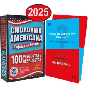 us citizenship flash cards 2025: study guide: ciudadania americana spanish and english. flash cards incluye audios online. uscis 100 preguntas y respuestas