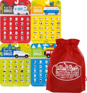 toysmith road trip bingo cards red, blue, green & orange gift set travel bundle with bonus matty's toy stop storage bag - 4 pack