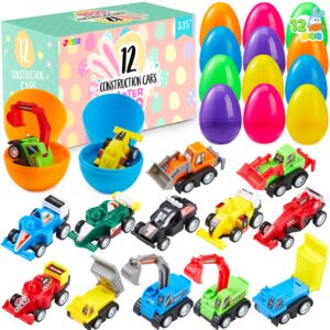 joyin 12 pcs filled easter eggs with toy cars, colorful prefilled pull back construction vehicle and race car for kids boys hunt, basket stuffers, party favors