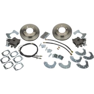 speedway motors rear end disc brake conversion kit, includes single piston calipers, e-brake cables, d154 pads, rubber hoses, caliper brackets, fits 9 inch ford truck