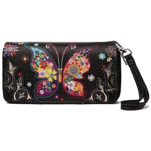 colorful butterfly spring western style fashion purse women wristlets wallet (black)