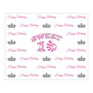 bannerbuzz happy birthday sweet 16 step and repeat banner, print only, 11 oz. pvc flex , 720 dpi eco-solvent printing, for events and parties, photography background (8'w x 10'h)