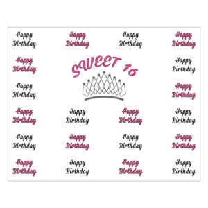 bannerbuzz happy birthday sweet 16 white & pink theme custom step and repeat banner, graphic, 11 oz. pvc flex, 720 dpi eco-solvent printing, for events and parties, photography background (8'w x 10'h)