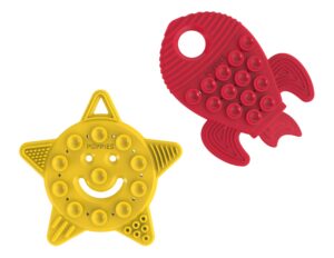 poppies smiley the star (yellow) and red the rocket (red) bundle – silicone sensory toy – bpa-free – infant teether, sensory, bath toy with suction cups and textures to stimulate development